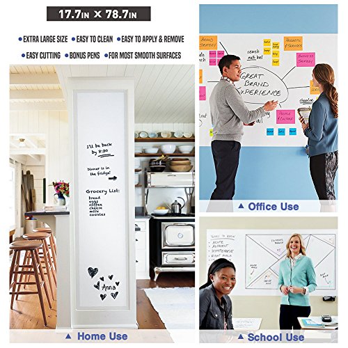 Nicpro Dry Erase Whiteboard Sticker Wall Decal, 17.7" X 78.7"(6.5 ft) Self-Adhesive White Board Peel Stick Paper to Do List with 3 Color Water-Based Pens for School, Office, Home, Kids Drawing