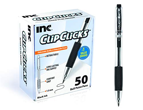 Inc. ClipClicks Retractable Ballpoint Pens - Bulk 1.0-mm Medium-Point Pen Set With Comfort Grip for School, Office, Writing, and Journaling, 50 Count, Black