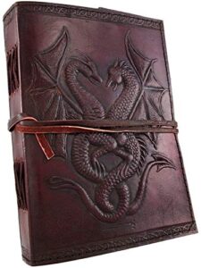 azuregreen double dragon blank page book handcrafted leather writing unlined 5 x 7 journal (brown)