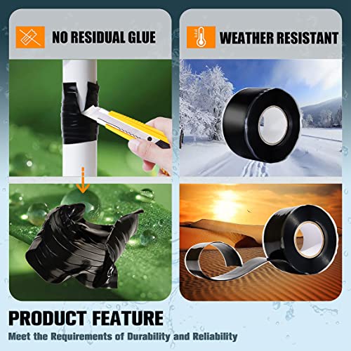 VOTMELL 2 Rolls 1in(W) X 10ft(L) Self Fusing Silicone Tape,Waterproof Rubber Tape, Water Leak Seal Tape,Rescue Tape,Plumbing Hose Repair Tape, Without Adhesive,Black