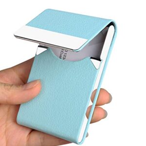 JuneLsy Professional Business Card Holder Case PU Leather Metal Name Card Holder Pocket Business Card Carrier for Men & Women with Magnetic Shut (Light Blue-y)