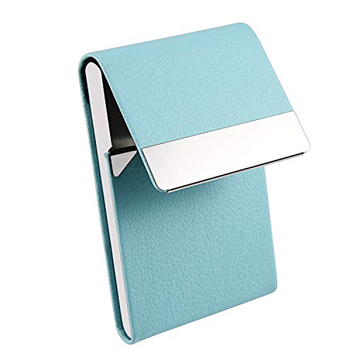 JuneLsy Professional Business Card Holder Case PU Leather Metal Name Card Holder Pocket Business Card Carrier for Men & Women with Magnetic Shut (Light Blue-y)