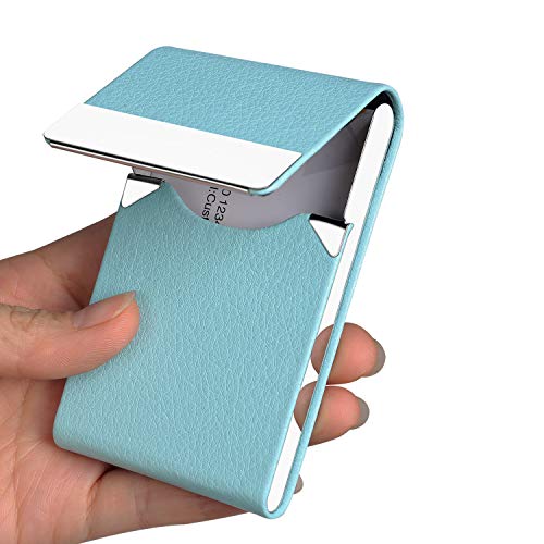 JuneLsy Professional Business Card Holder Case PU Leather Metal Name Card Holder Pocket Business Card Carrier for Men & Women with Magnetic Shut (Light Blue-y)