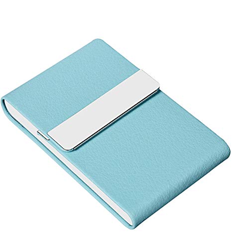 JuneLsy Professional Business Card Holder Case PU Leather Metal Name Card Holder Pocket Business Card Carrier for Men & Women with Magnetic Shut (Light Blue-y)