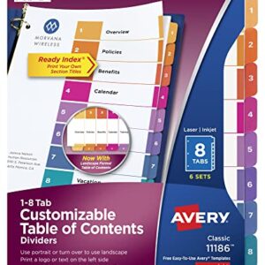 Avery 8-Tab Dividers for 3 Ring Binders, Customizable Table of Contents, Multicolor Tabs, 6 Sets (11186)