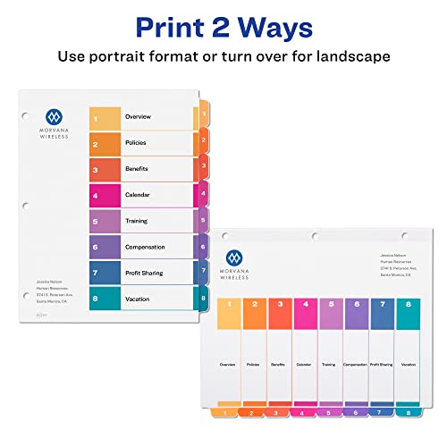 Avery 8-Tab Dividers for 3 Ring Binders, Customizable Table of Contents, Multicolor Tabs, 6 Sets (11186)