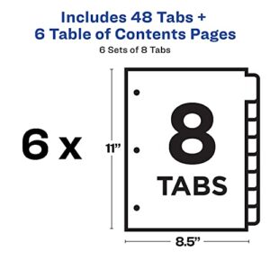 Avery 8-Tab Dividers for 3 Ring Binders, Customizable Table of Contents, Multicolor Tabs, 6 Sets (11186)