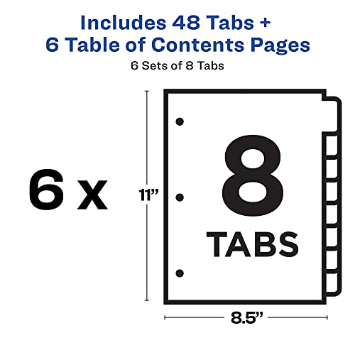 Avery 8-Tab Dividers for 3 Ring Binders, Customizable Table of Contents, Multicolor Tabs, 6 Sets (11186)