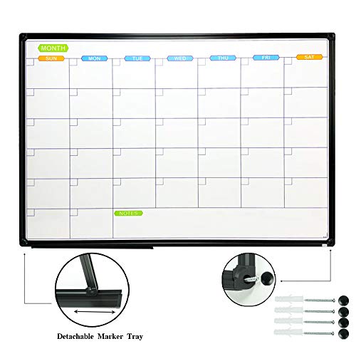 JILoffice Dry Erase Calendar Whiteboard - Magnetic White Board Calendar Monthly 36 X 24 Inch, Black Aluminum Frame Wall Mounted Board for Office Home and School