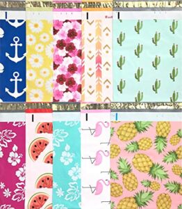 designer poly mailers 10×13: sample variety pack ~ anchor, daisy, hibiscus, arrow, cactus, pink & mint aloha, watermelon, flamingo, pineapple printed self sealing shipping poly envelopes bag (30 pcs)