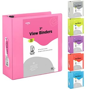 3 inch binder 3 ring binders pink, slant d-ring 3” clear view cover with 2 inside pockets, heavy duty colored school supplies office and home binders – by enday