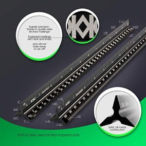 NOKKO Architectural and Engineering Scale Ruler Set - Professional Measuring Kit for Drafting, Construction - Imperial and Metric Conversion Table Included - Laser-Etched Markings, Anodized Aluminum