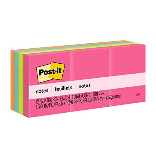 Post-it Mini Notes, 1.5 in x 2 in, 12 Pads, America's #1 Favorite Sticky Notes, Cape Town Collection, Bright Colors (Magenta, Pink, Blue, Green), Clean Removal, Recyclable (653AN)