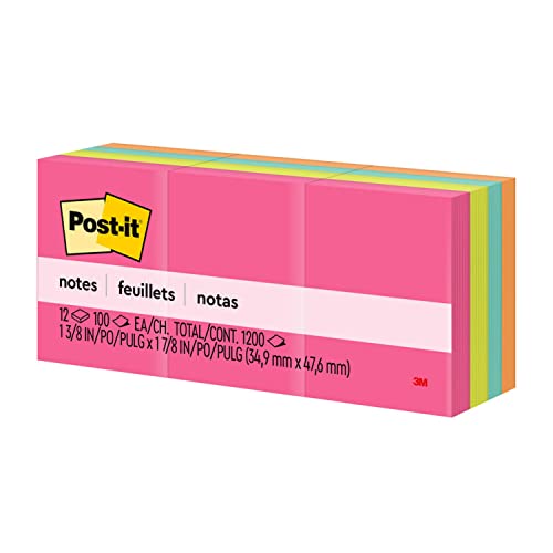 Post-it Mini Notes, 1.5 in x 2 in, 12 Pads, America's #1 Favorite Sticky Notes, Cape Town Collection, Bright Colors (Magenta, Pink, Blue, Green), Clean Removal, Recyclable (653AN)