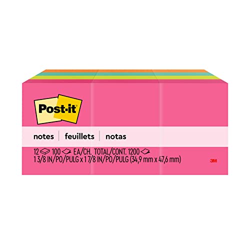 Post-it Mini Notes, 1.5 in x 2 in, 12 Pads, America's #1 Favorite Sticky Notes, Cape Town Collection, Bright Colors (Magenta, Pink, Blue, Green), Clean Removal, Recyclable (653AN)