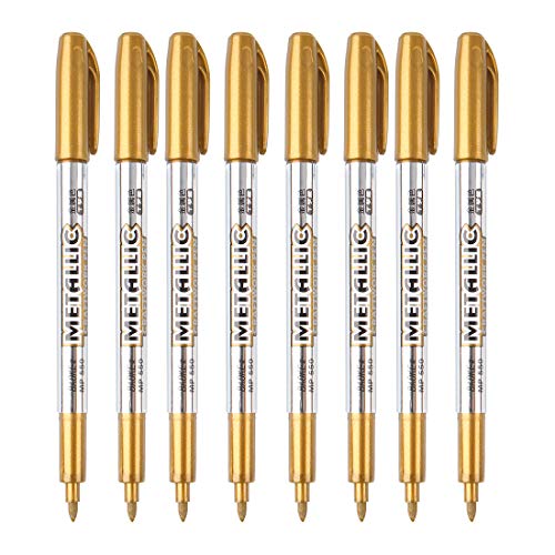 MYARTOOL Metallic Marker Pens, Gold Metallic Permanent Markers for Artist Illustration, Crafts, Gift Card Making, Scrapbooking, Fabric, DIY Photo Album, Value Set of 8