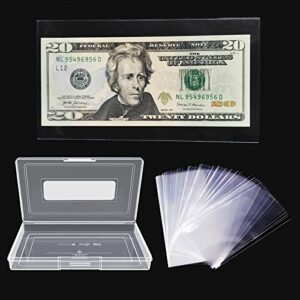 dollar bill holder with storage case, mudor pp material 100 pieces clear paper money currency collection sleeves protector bag, banknotes protector slab holder