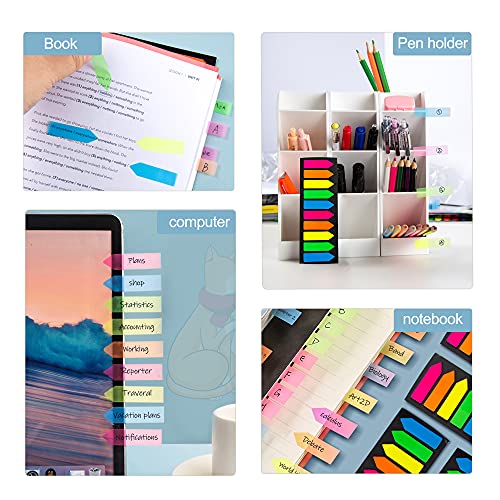 Golcellia Fluorescent Translucent Sticky Note Flags, 1200 Pcs Total, Pack of 10 Color Tabs, Arrow Index Tabs, Page Flag Markers