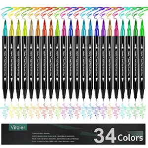 vitoler dual tip brush markers colored pen,fine point journal pens & colored brush markers for kid adult coloring drawing planner calendar art projects(34 colors pen)