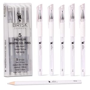 brisklearner 5 white gel pen – 5 tip sizes 0.5, 0.7, 0.8, 1.0, 1.2mm for maximum opacity control – graffiti ink white pen for artists, white ink pen – free white pencil