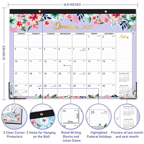 2023-2024 Desk Calendar - 18 Monthly Desk/Wall Calendar 2023-2024 2-in-1,16.8" x 12", Jan 2023 - Jun 2024, Thick Paper with Corner Protectors, Large Ruled Blocks - Floral