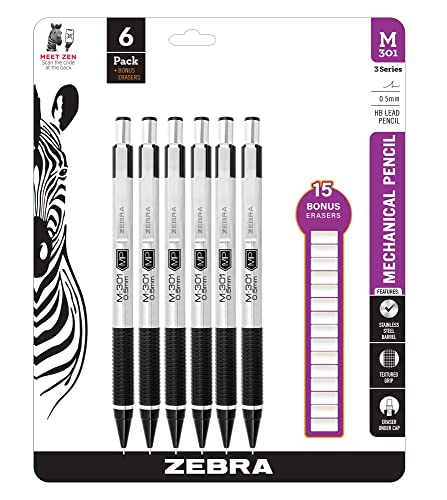 Zebra M-301 Stainless Steel Mechanical Pencil 0.5 mm Point Size, 6 Pack with 15 Bonus Erasers Refills - Standard HB Lead - Professional Black Grip