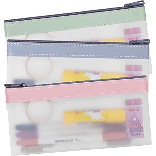 Boxgear 3 Pieces Clear Pencil Case Set for Girls and Boys, Pen Holder with Zipper for Kids, Teens Portable Desk Organizer Pencil Pouch for School & Stationery Supplies (Pink, Blue, Green)