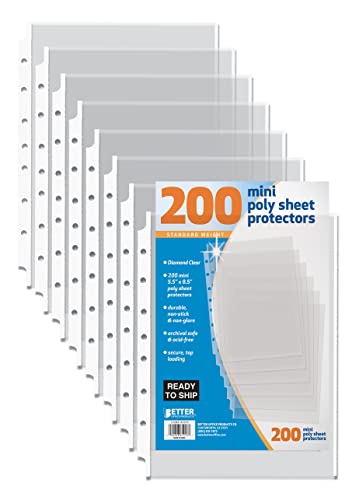 200 Count Mini Poly Sheet Protectors, Standard Weight, Diamond Clear, by Better Office Products, 5.5" x 8.5", 200 Pack