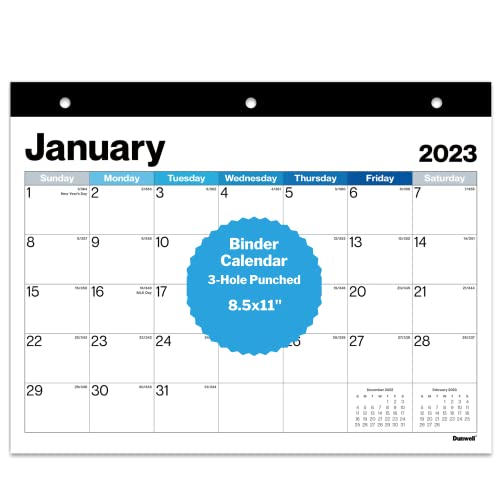 Dunwell 2023 Calendar for 3-Ring Binder (8.5x11, Blue Shades) Use as 2023 Binder Calendar, Wall Calendar or Desk Calendar, 3-Hole Punched, Fits Standard Notebooks