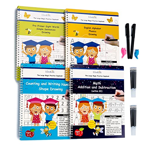 Premium Edition 11x8.5 Inch Large Magic Practice Copybook for Kids 4 Pack, Magical Handwriting Workbooks, Tracing Letters Numbers and Kindergarten Sight Words for Kids Ages 3-5, (4pc+2 pens)