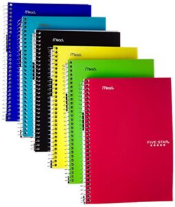 mead fba_6180 five star spiral notebook, college ruled, 2 subject, 6 x 9.5 inches, 100 sheets, assorted colors, 6 pack