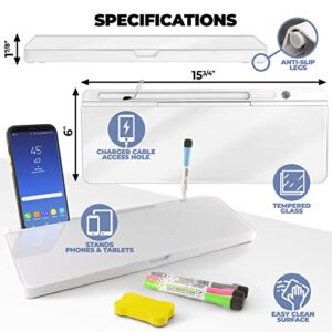 Desktop Whiteboard - Glass Dry Erase White Board- Desk Computer Buddy – Home Office & Studying Essentials - Desktop Pad with Phone & Tablet Slot, Storage Compartment - Includes 4 Markers, 1 Eraser.