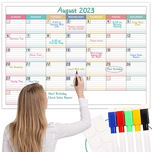 Dry Erase Calendar for Wall - Large Dry Erase Calendar, 28" x 40", Undated Monthly Calendar for Home, Office, Classroom, Erasable Laminated Calendar Whiteboard with 5 Markers ＆ 8 Stickers