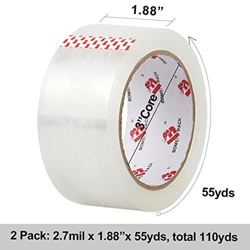 BOMEI PACK Heavy Duty Clear Packing Tape,2 Rolls with refillable Dispenser,Noiseless Packaging Tape 1.88 Inches x 55 Yards,Industrial Grade Boxes Shipping Tape for Moving,Mailing and Storages