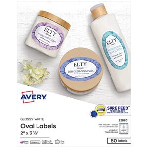 avery printable blank oval labels, 2″ x 3-1/3″, glossy white, 80 customizable labels (22820)