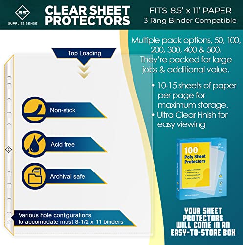 Sheet Protectors for 3 Ring Binder - 100 Premium Clear Plastic Page Protectors for 3 Ring Binder - Sleeves 8.5 x 11 for Paper & Documents