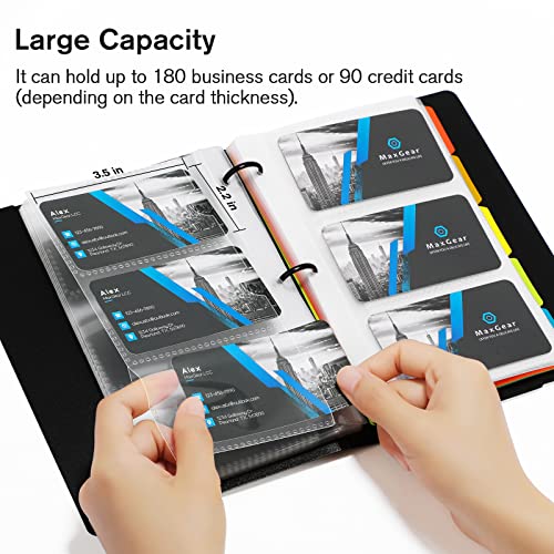 MaxGear Business Card Organizer, Business Card Holder Book Credit Card Binder File Sleeve Storage, Portable Business Card Holders Name Cards Holder Men & Women, 5 Color Index Tabs, Capacity: 180 Cards