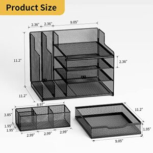 Egepon Office Desk Organizer with Upright File Holder, 4-Tier Mesh Letter Paper Tray Organizer with Multi-Functional Pen Holder and Sliding Drawer Office Supplies for Home Office School