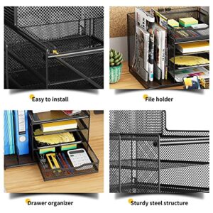 Egepon Office Desk Organizer with Upright File Holder, 4-Tier Mesh Letter Paper Tray Organizer with Multi-Functional Pen Holder and Sliding Drawer Office Supplies for Home Office School