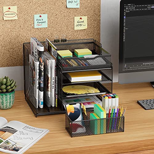 Egepon Office Desk Organizer with Upright File Holder, 4-Tier Mesh Letter Paper Tray Organizer with Multi-Functional Pen Holder and Sliding Drawer Office Supplies for Home Office School