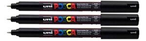 uni posca pc-1mr black colour paint marker pens ultra fine 0.7mm calibre tip nib writes on any surface glass metal wood plastic fabric (pack of 3)