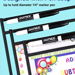 SUNEE 30 Packs Oversized Reusable Dry Erase Pocket Sleeves with 2 Rings, Black 10x14 Ticket Holders, Clear Plastic Sheet Protectors, Teacher School Classroom Supplies