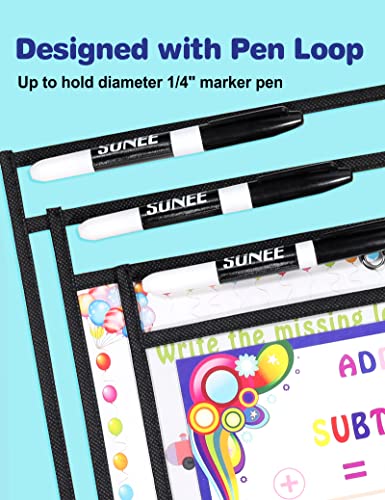 SUNEE 30 Packs Oversized Reusable Dry Erase Pocket Sleeves with 2 Rings, Black 10x14 Ticket Holders, Clear Plastic Sheet Protectors, Teacher School Classroom Supplies