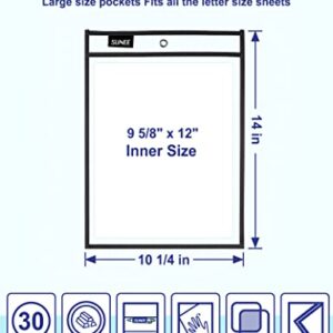 SUNEE 30 Packs Oversized Reusable Dry Erase Pocket Sleeves with 2 Rings, Black 10x14 Ticket Holders, Clear Plastic Sheet Protectors, Teacher School Classroom Supplies