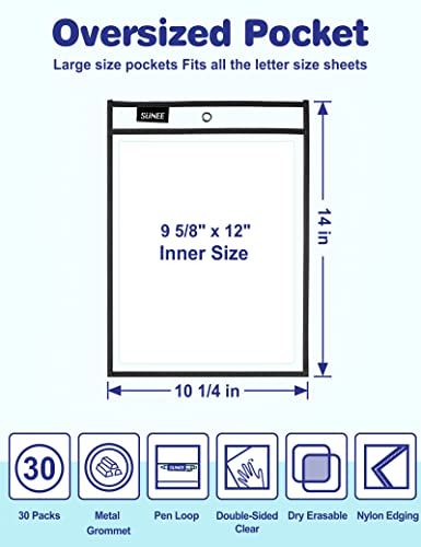 SUNEE 30 Packs Oversized Reusable Dry Erase Pocket Sleeves with 2 Rings, Black 10x14 Ticket Holders, Clear Plastic Sheet Protectors, Teacher School Classroom Supplies