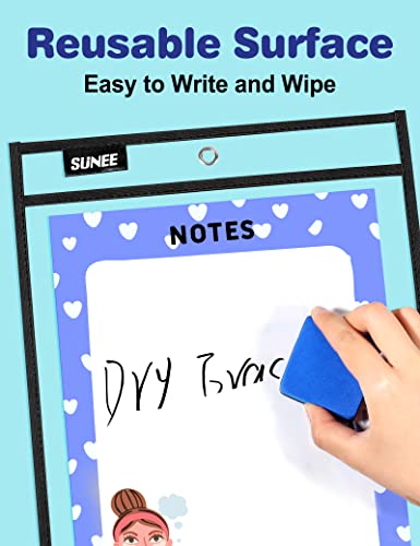 SUNEE 30 Packs Oversized Reusable Dry Erase Pocket Sleeves with 2 Rings, Black 10x14 Ticket Holders, Clear Plastic Sheet Protectors, Teacher School Classroom Supplies