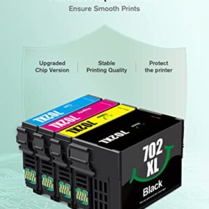 702 702XL 4 Pack Ink Cartridges Replacement for Epson 702 XL 702XL T702XL to use with Workforce Pro WF-3720 WF-3730 WF-3733 Printer New Upgraded Chips (1 Black, 1 Cyan, 1 Magenta, 1 Yellow)