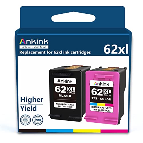 Ankink Higher Yield HP 62XL Ink Cartridge Replacement for 62 HP62XL hp62 XL Envy 5540 5640 5660 7640 7644 7645 OfficeJet 200 250 5740 5745 8040 Printer Black Color (Tricolor) Combo 2 Pack c2p07an