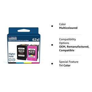 Ankink Higher Yield HP 62XL Ink Cartridge Replacement for 62 HP62XL hp62 XL Envy 5540 5640 5660 7640 7644 7645 OfficeJet 200 250 5740 5745 8040 Printer Black Color (Tricolor) Combo 2 Pack c2p07an