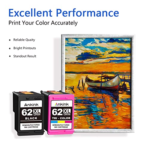 Ankink Higher Yield HP 62XL Ink Cartridge Replacement for 62 HP62XL hp62 XL Envy 5540 5640 5660 7640 7644 7645 OfficeJet 200 250 5740 5745 8040 Printer Black Color (Tricolor) Combo 2 Pack c2p07an